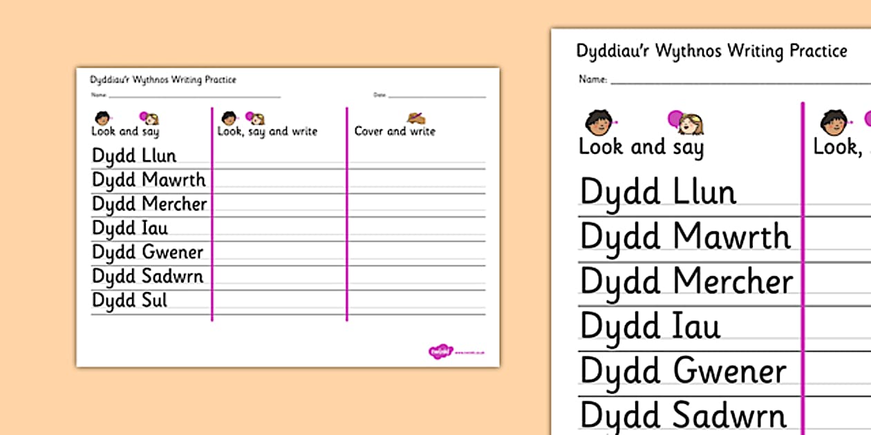 Days of the Week Welsh Writing Worksheets | Twinkl Wales