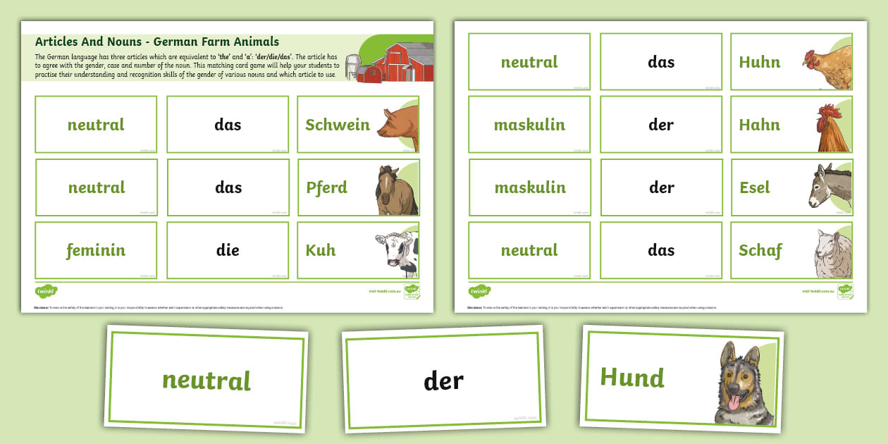 Articles And Nouns Farm Animal Matching Cards - German