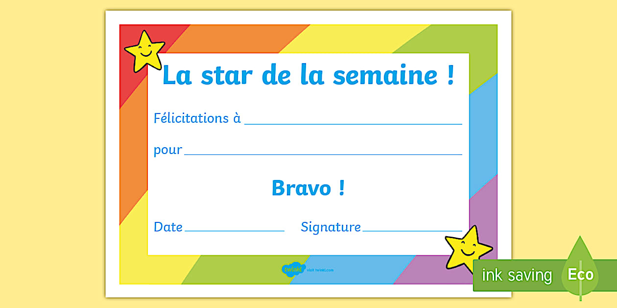 Editable Certificat de récompense : La star de la semaine