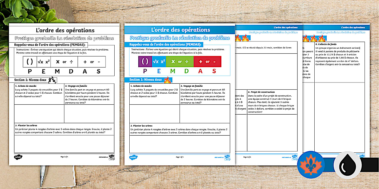 Order of Operations Tiered Practice: Word Problems - French