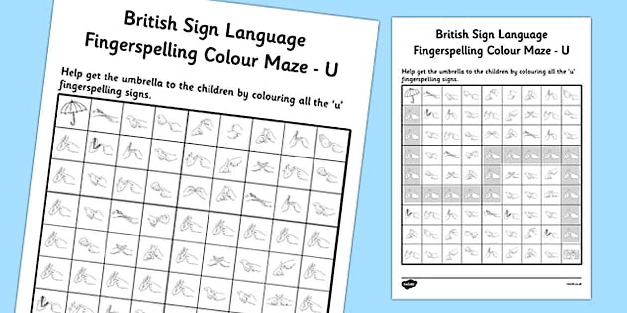 British Sign Language Left Handed Fingerspelling Colour Maze U