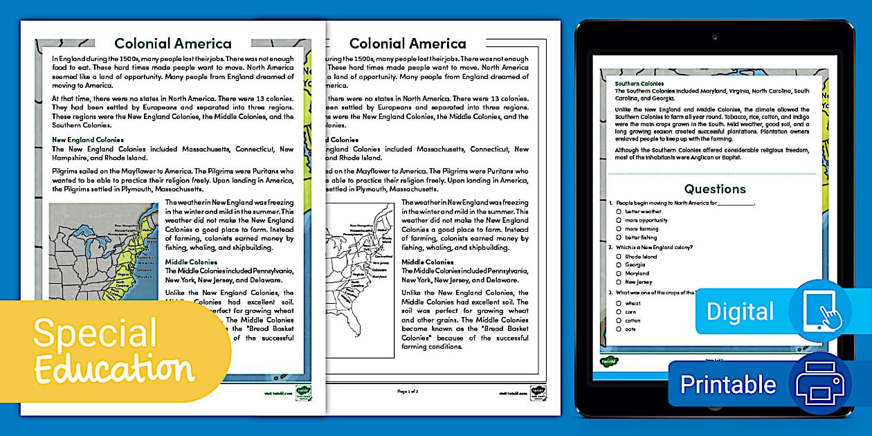Colonial America Reading Comprehension for Older Learners