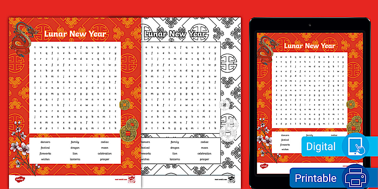 Lunar New Year Word Search for 3rd-5th Grade (teacher made)