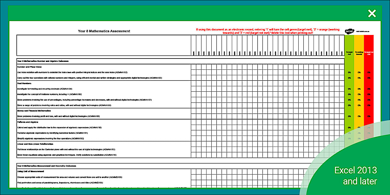 Year 8 Australian Curriculum (v8) Mathematics Assessment Tracker