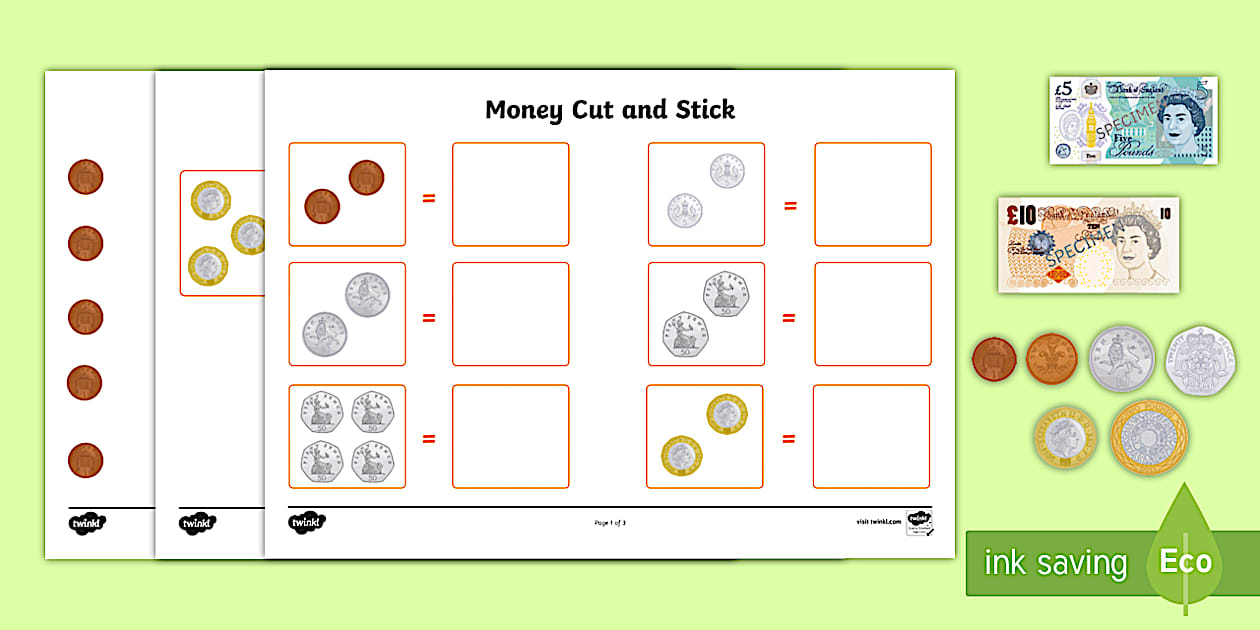 Black and White Money Cut and Stick Worksheet - Twinkl