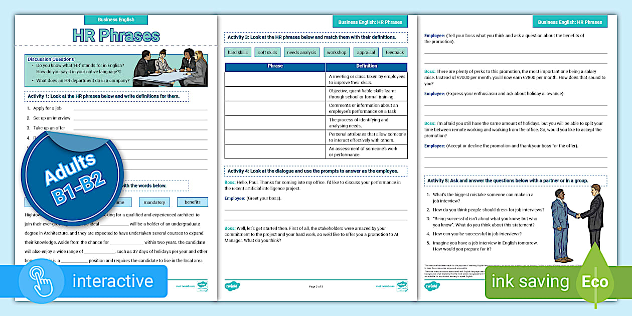 ESL Business English: HR Phrases Worksheet [Adults, B1-B2]