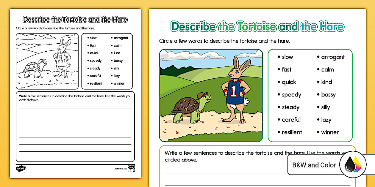 Describe the Tortoise and the Hare Worksheet (teacher made)