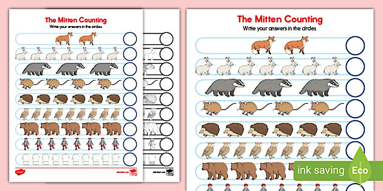 The Mitten Story Counting Worksheet (Teacher-Made) - Twinkl