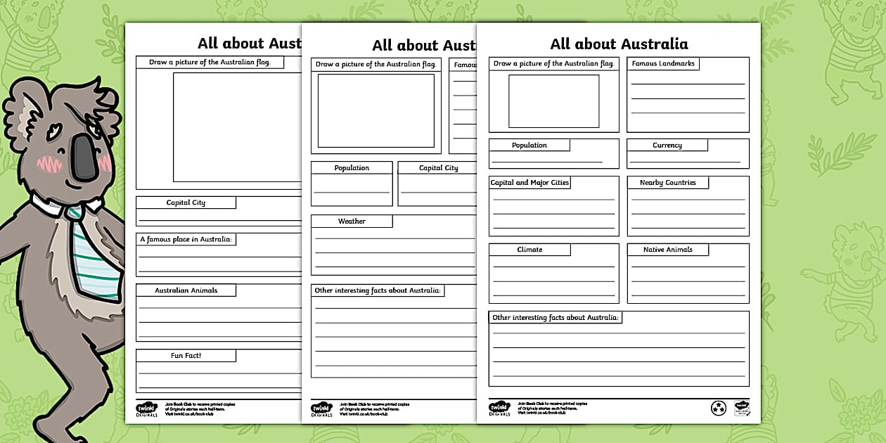 Editable Part of the Party: All About Australia Fact File Writing Frames