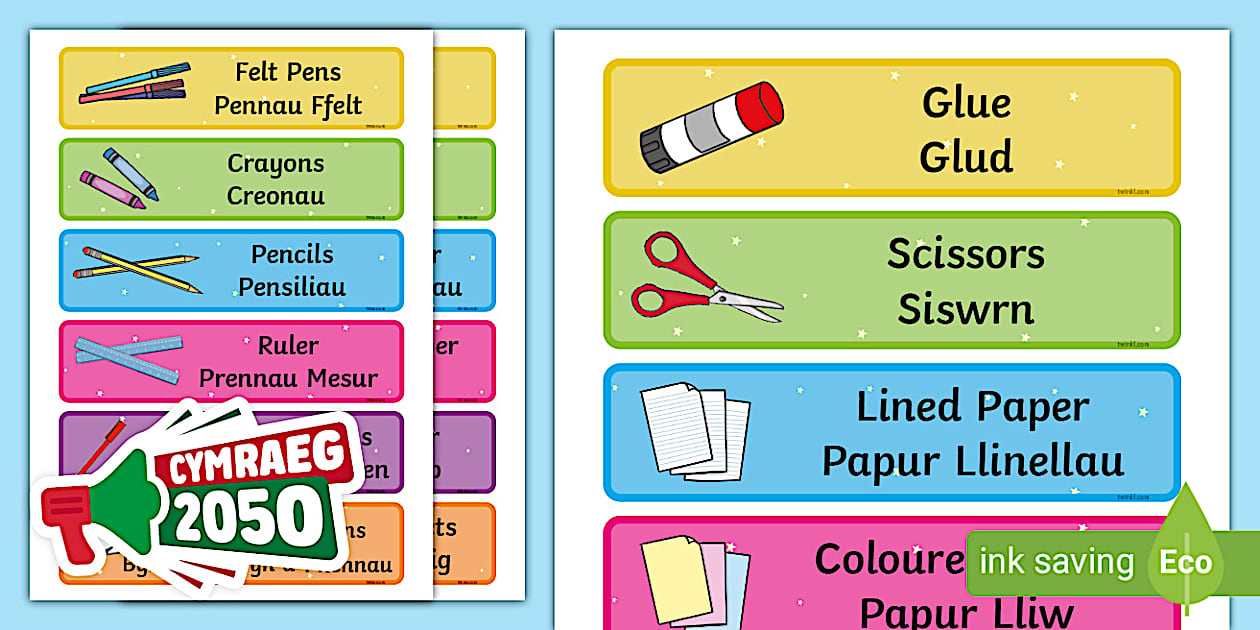 English/Welsh Bilingual Colourful Star Drawer Labels