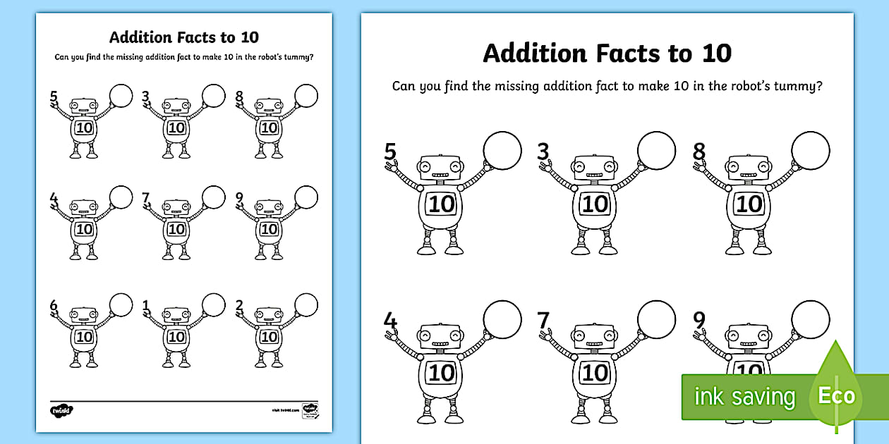 SA Addition facts to 10 on Robots Worksheet - Twinkl