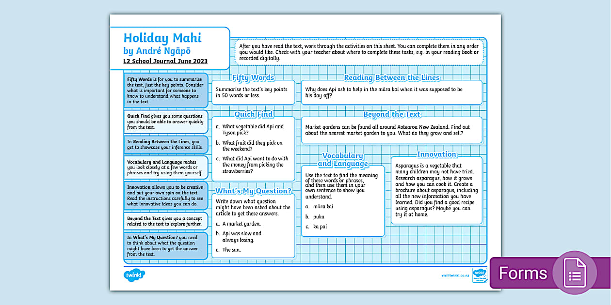 Level 2 June 2023 School Journal: Holiday Mahi Story Follow-Up