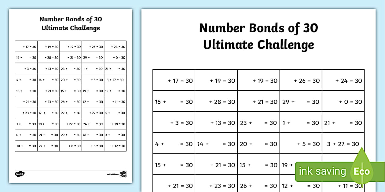 Number Bonds to 30 Worksheet - Twinkl