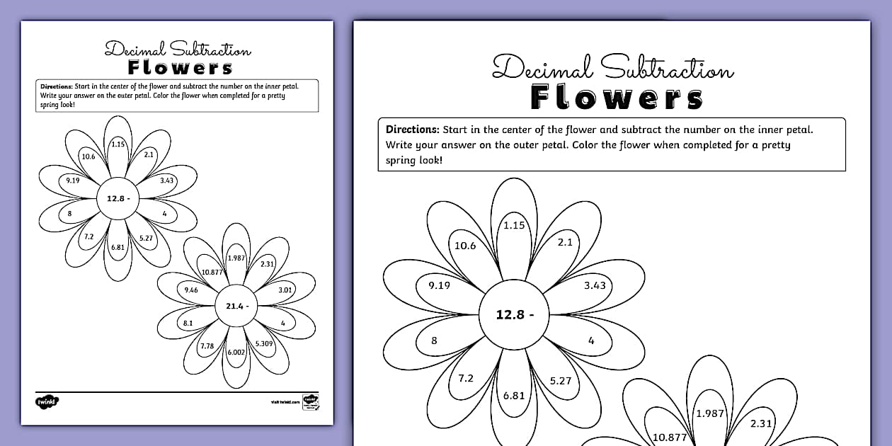 Sixth Grade Decimal Subtraction Flowers Activity - Twinkl