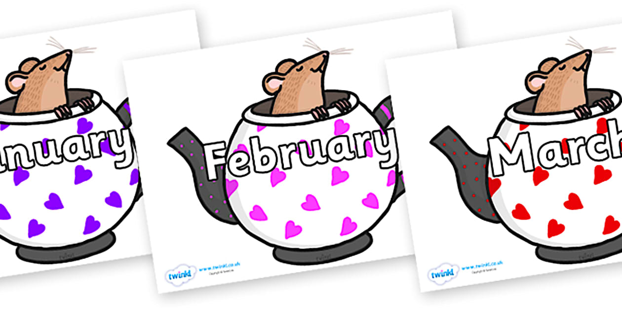 Cursive Months of the Year on Mouse in Teapots - Twinkl