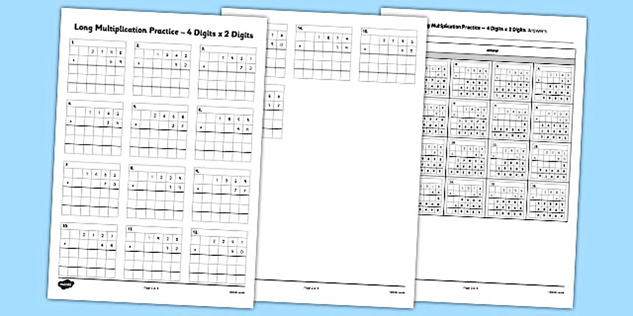 Editable Long Multiplication Practice 4 Digits x 2 Digits