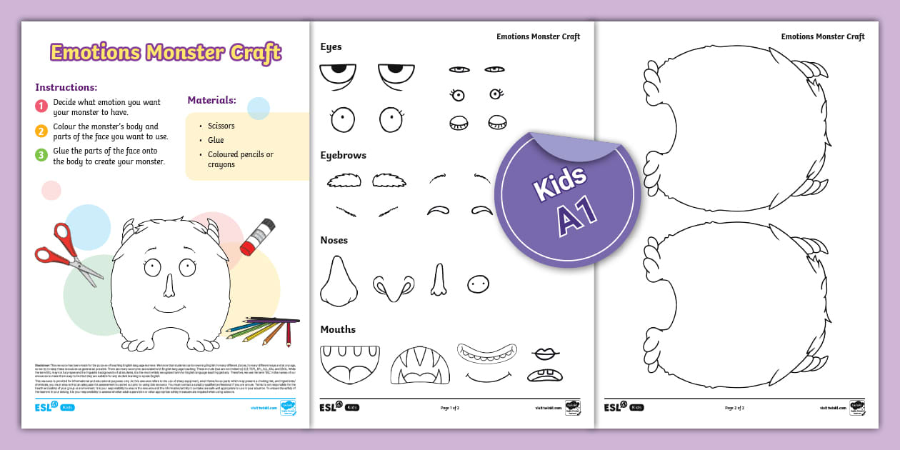 ESL Emotions Monster Craft {Kids, A1} (teacher made)