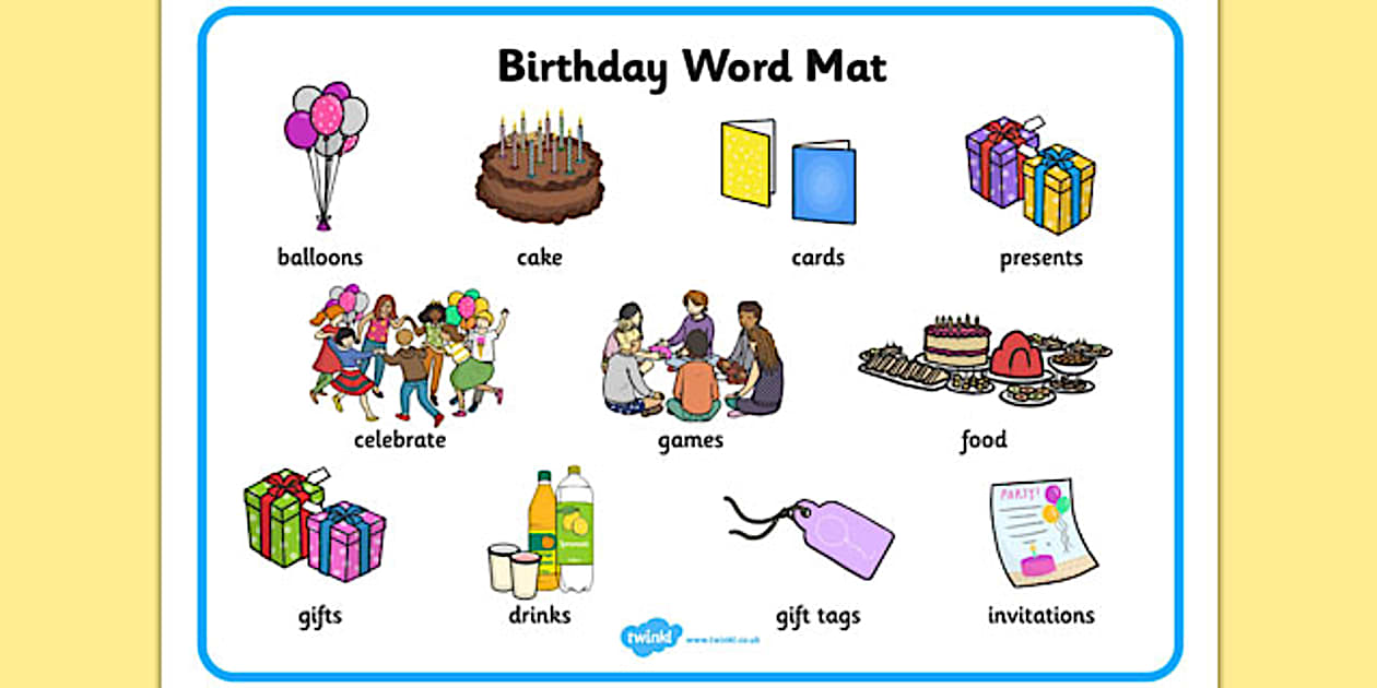 Birthday Word Mat - ESL Birthday Vocabulary - Twinkl