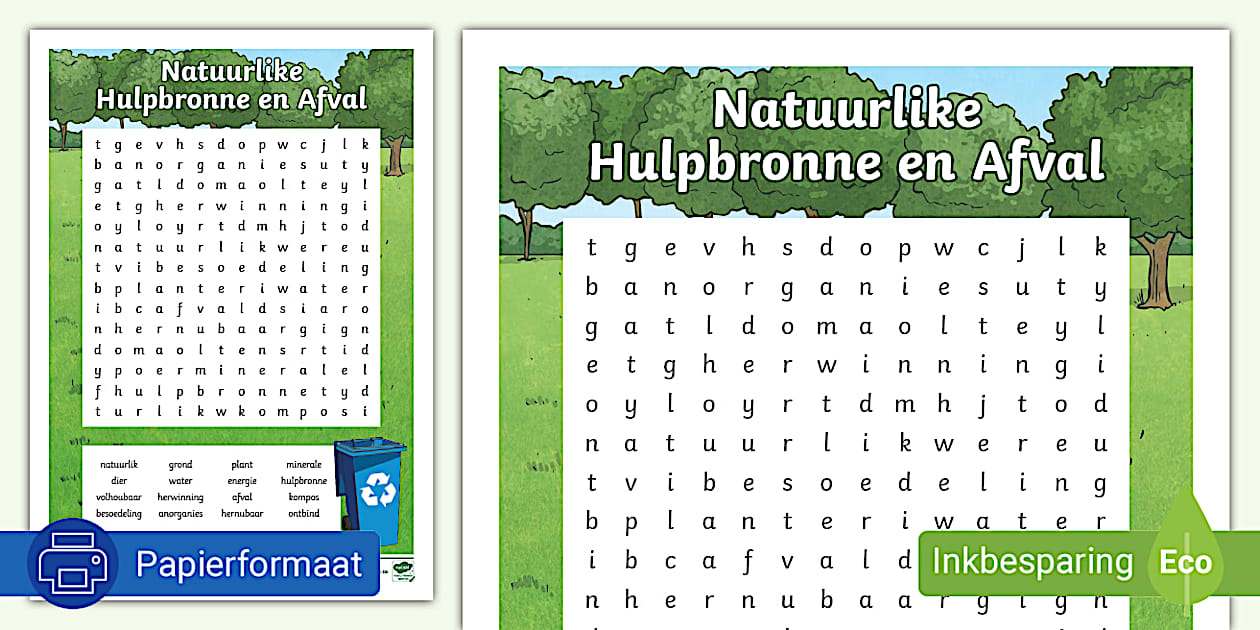 Natuurlike Hulpbronne en Afval Woordsoek (Teacher-Made)