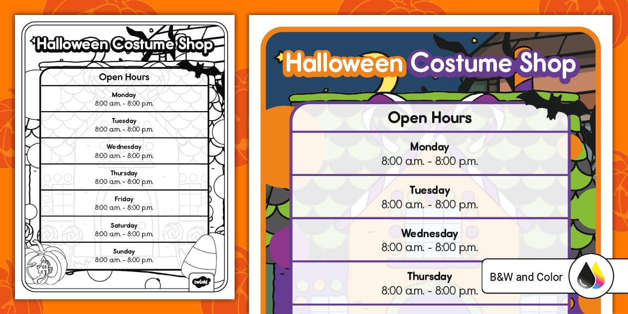 Halloween Costume Shop Dramatic Play Hours Sign - Twinkl
