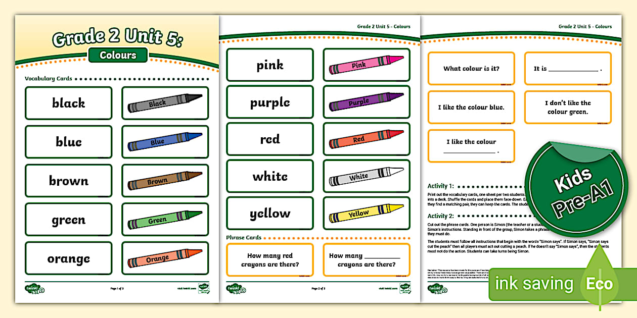 Turkey Curriculum English Vocab Cards Grade 2 Unit 5 (Colours)