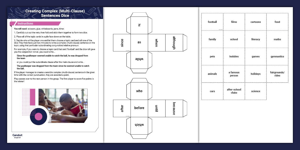 BGE Literacy: Creating Complex Sentences Dice (teacher made)