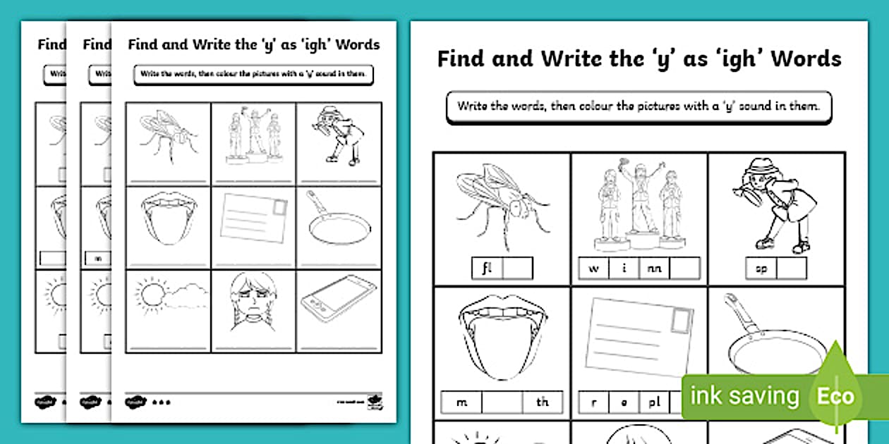 Find and Write the y as igh Words Worksheet (teacher made)