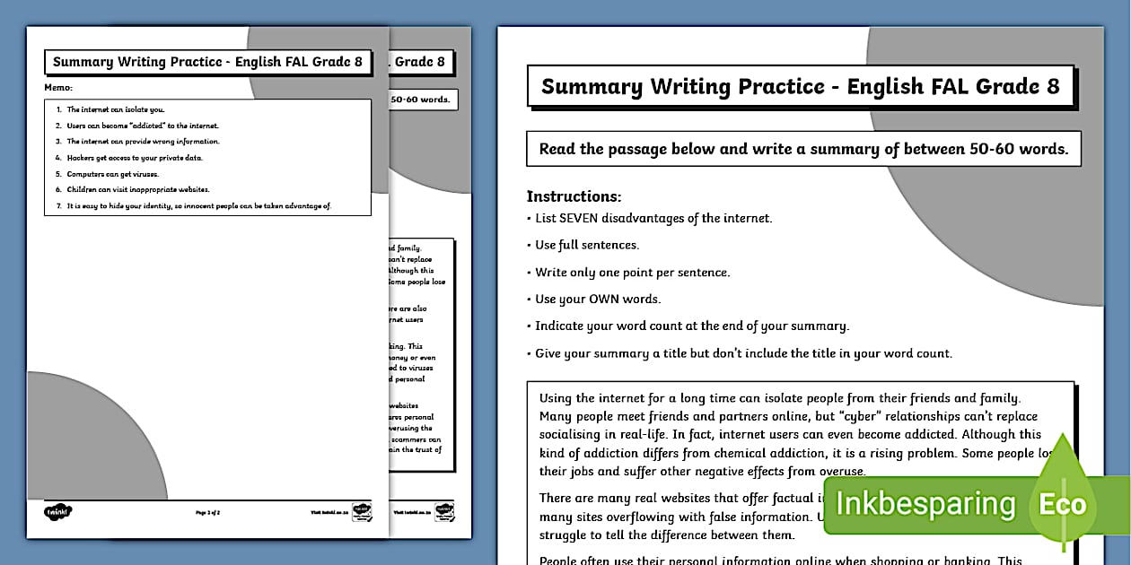 Summary Writing Practice - English FAL Grade 8 - Twinkl