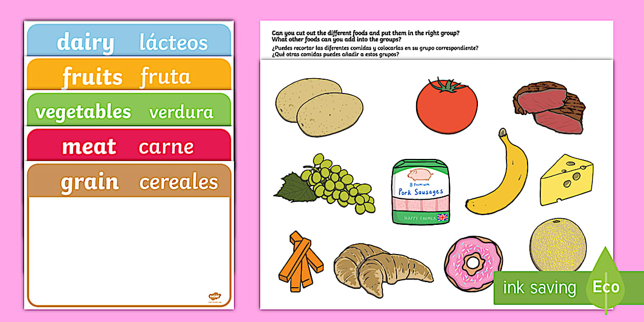 Food Group Sorting Activity English/Spanish - Twinkl