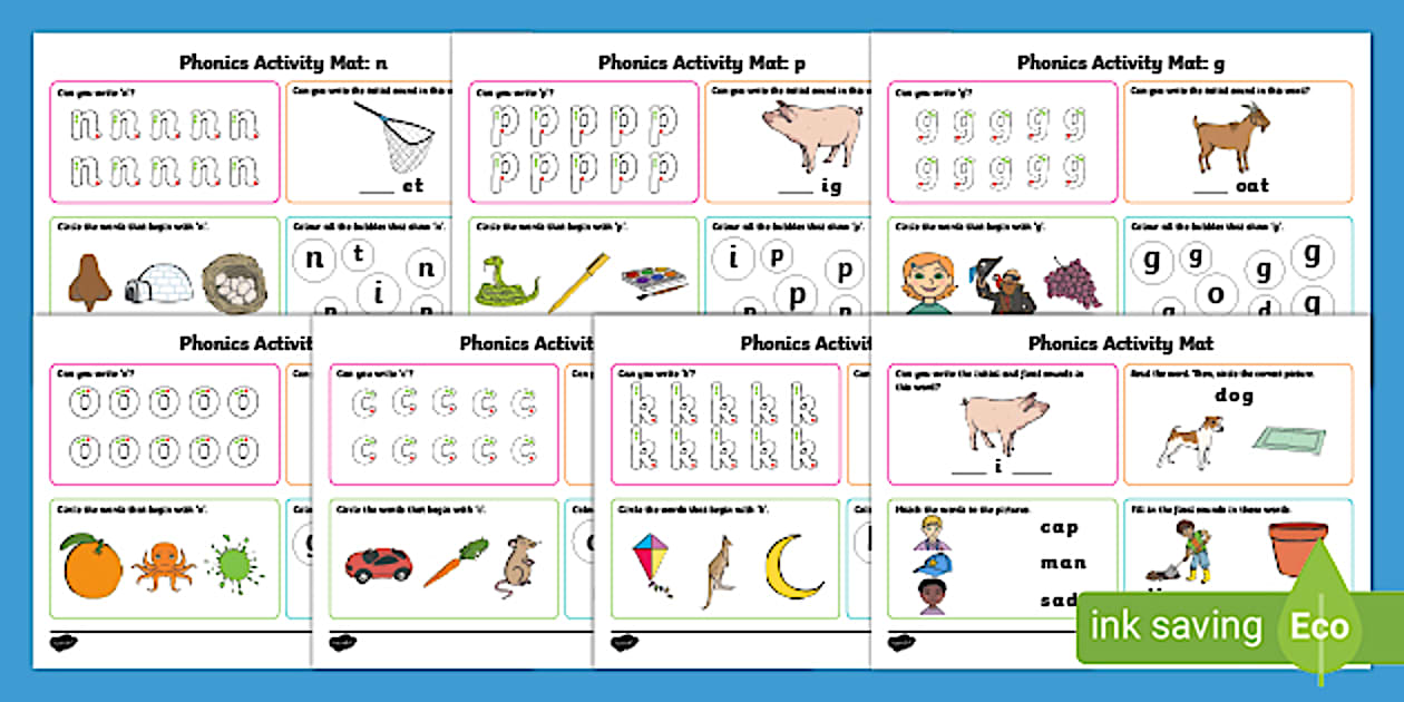 EYFS n, p, g, o, c, k Phonics Activity Mats