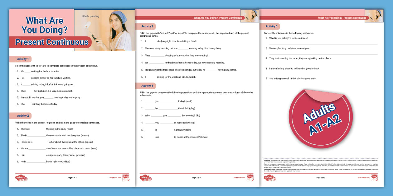 ESL Present Continuous Activity Sheet for Adults - Twinkl