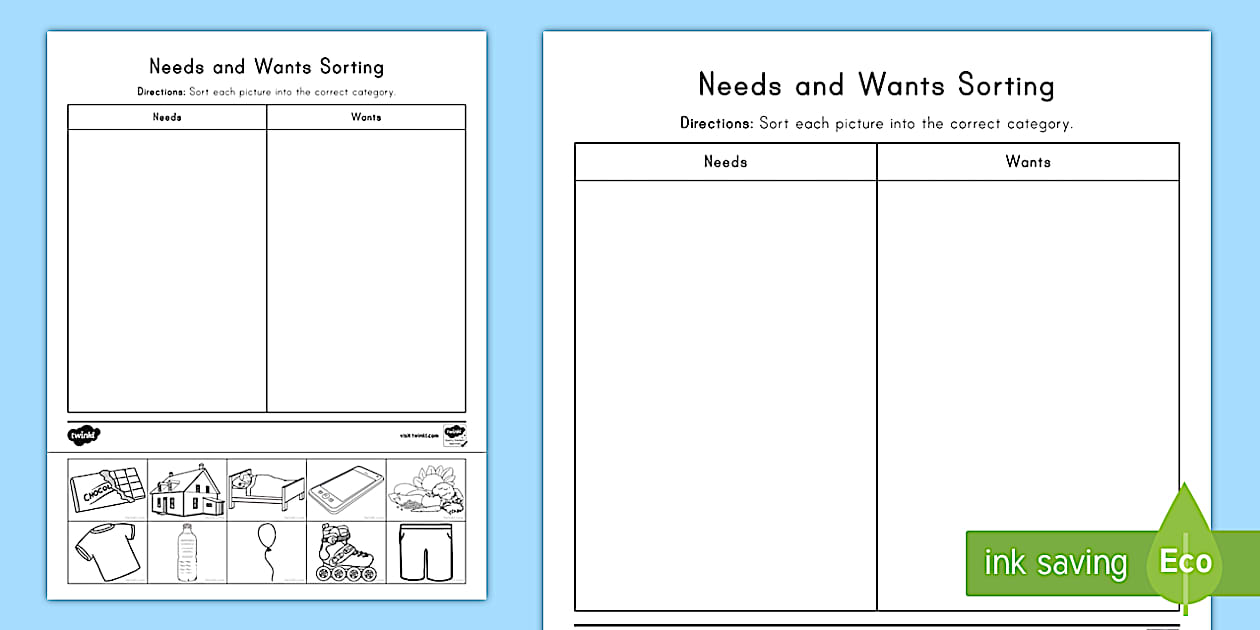 Needs and Wants Cut and Paste Sorting Worksheet for K-2nd Grade