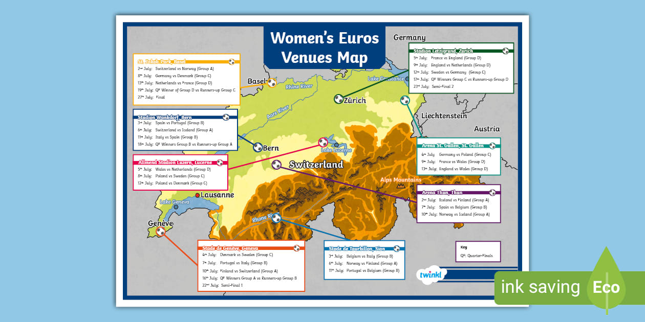 Women's Euros Venues Display Map - Twinkl - KS2