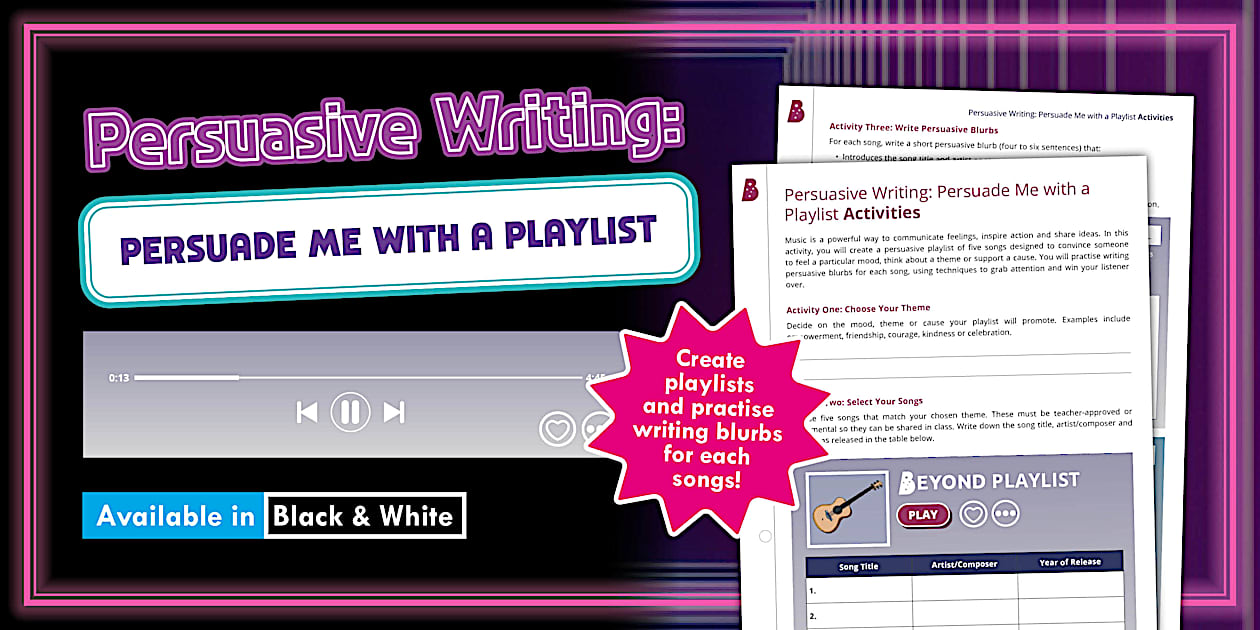 Persuasive Writing Playlist Activity for English