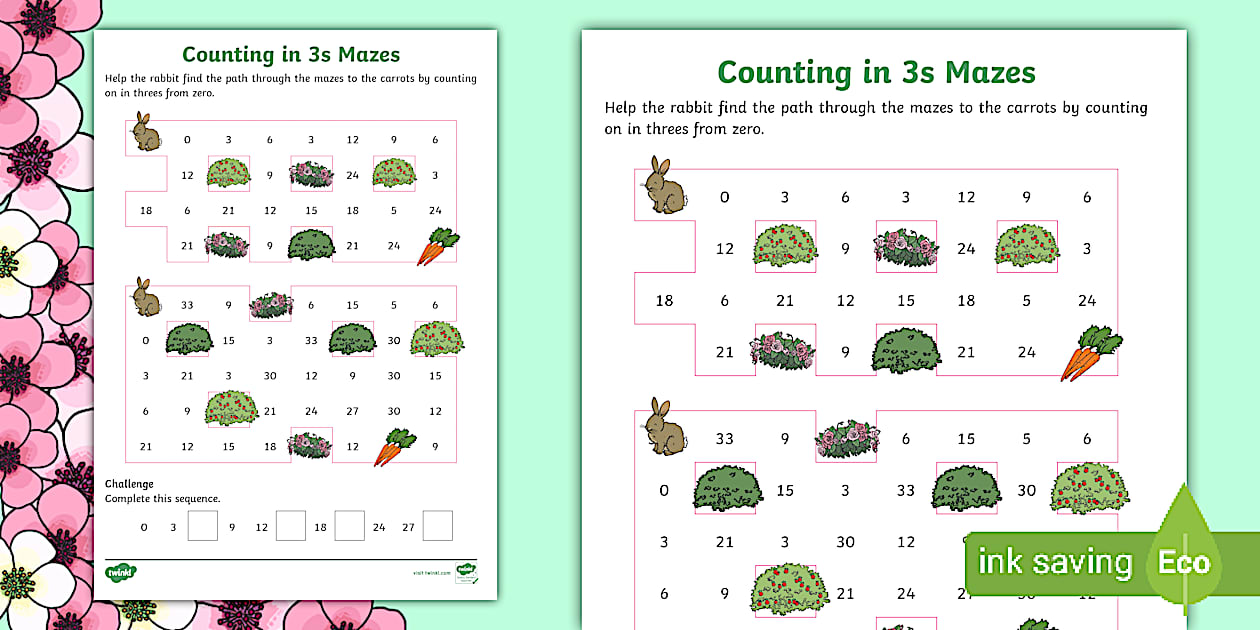 Editable Spring-Themed Counting in 3s Maze Worksheet