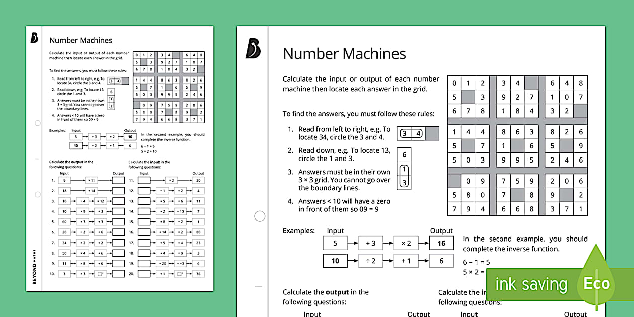 Number Grid: Number Machines Worksheet (teacher made)