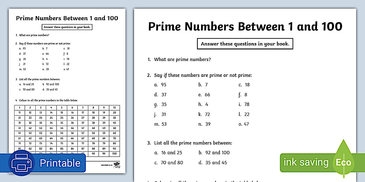 Prime Numbers between 1 and 100 Activity Sheet - Twinkl