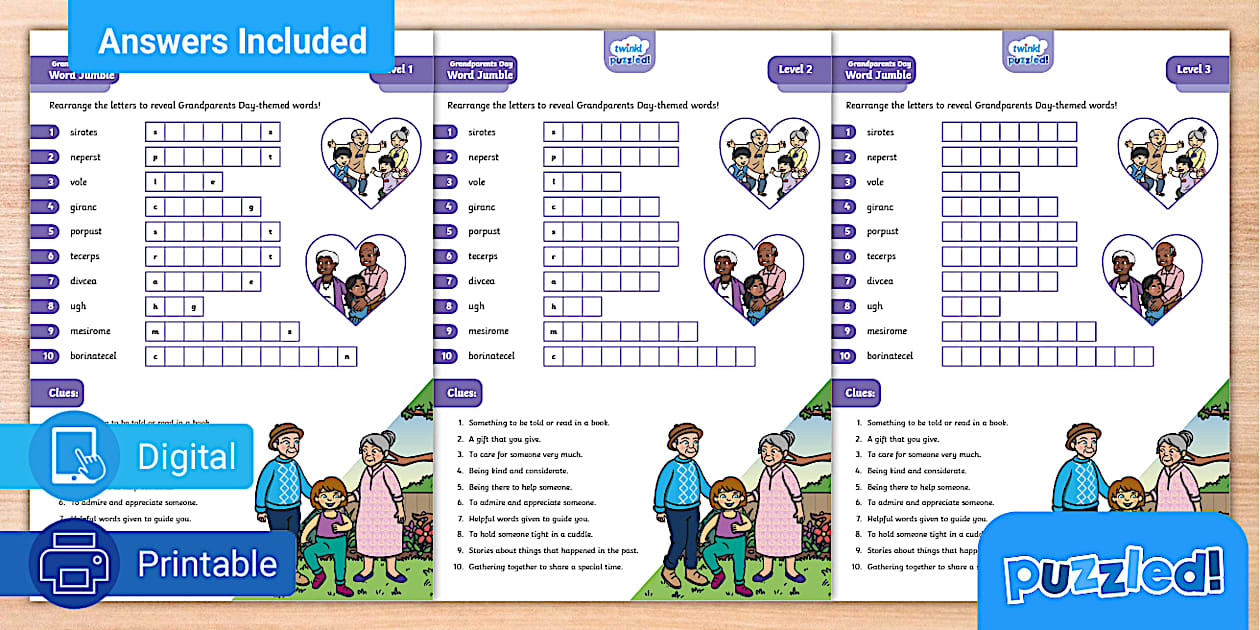 Fun Grandparents Day Word Jumble Puzzle Pack - AL - Kids
