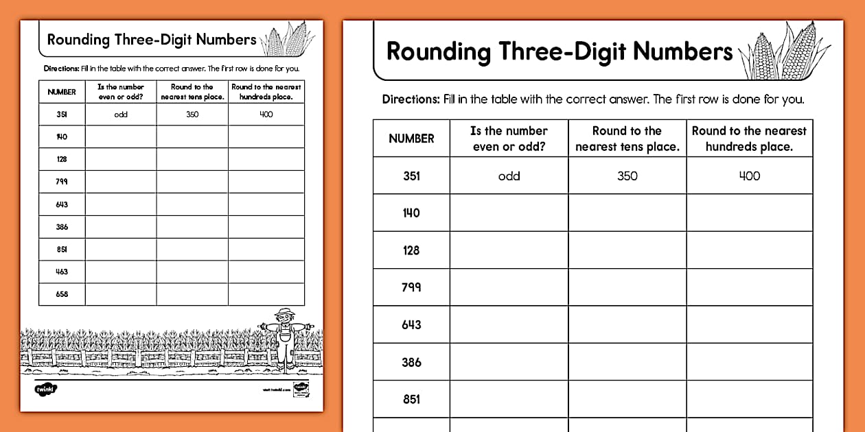 Second Grade Fall Theme Rounding Three-Digit Numbers Worksheet