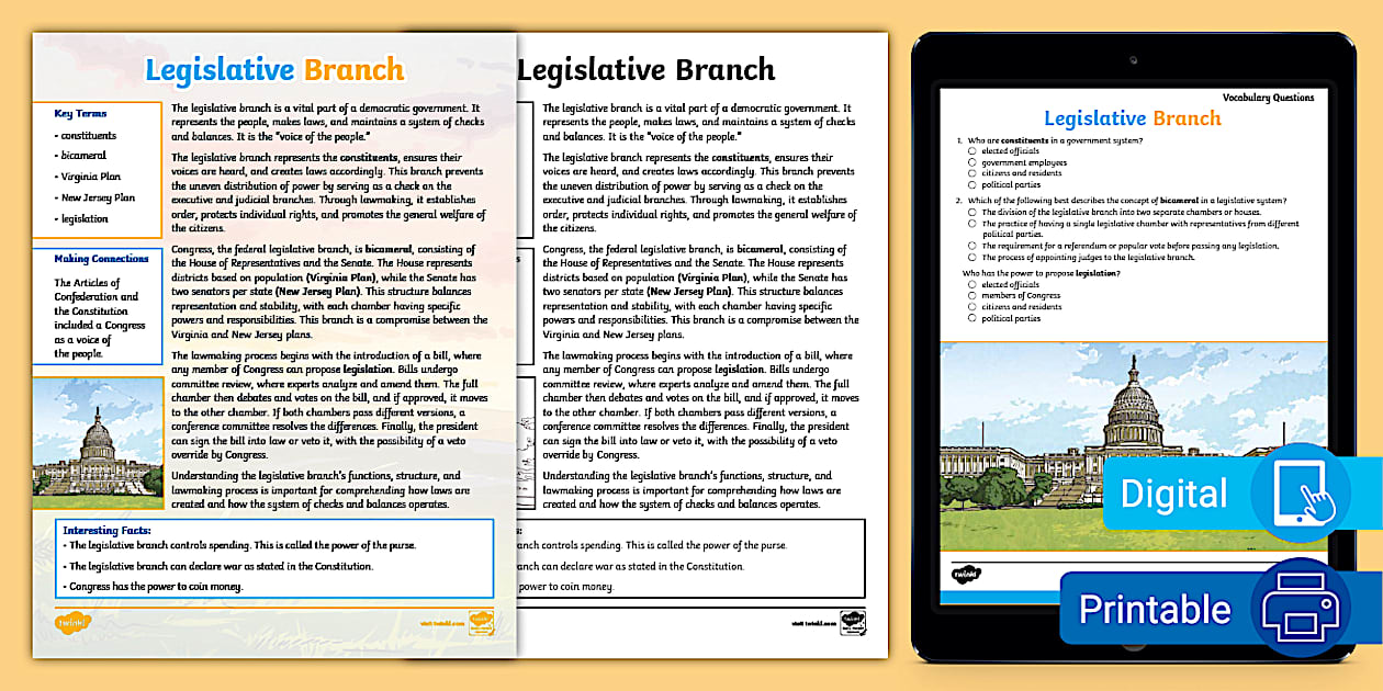 Eighth Grade Legislative Branch Fact File and Vocabulary Questions