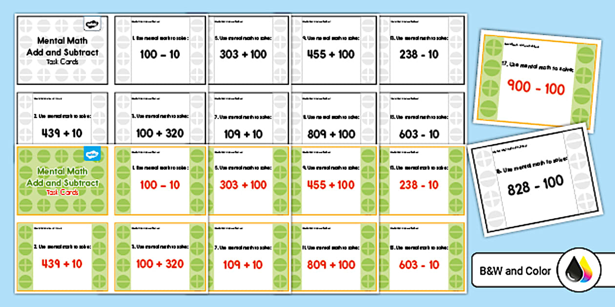 Mental Math Addition and Subtraction Task Cards for 1st-2nd Grade
