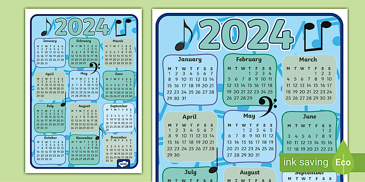 Music Notes-Themed 2024 Wall Calendar Poster (teacher made)