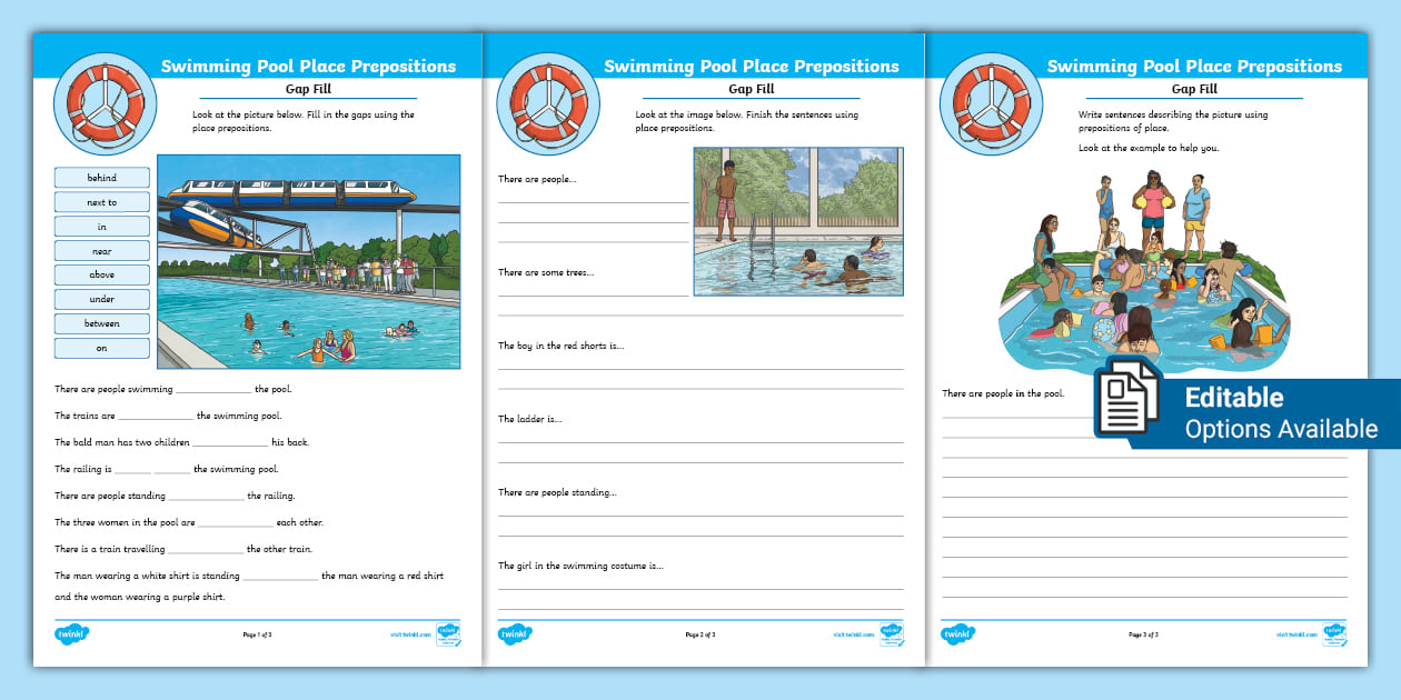 Swimming Pool Place Prepositions Fill The Gap Activities for EAL Learners