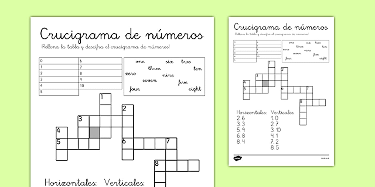 Crucigrama de números de 1 a 10 en inglés - Twinkl