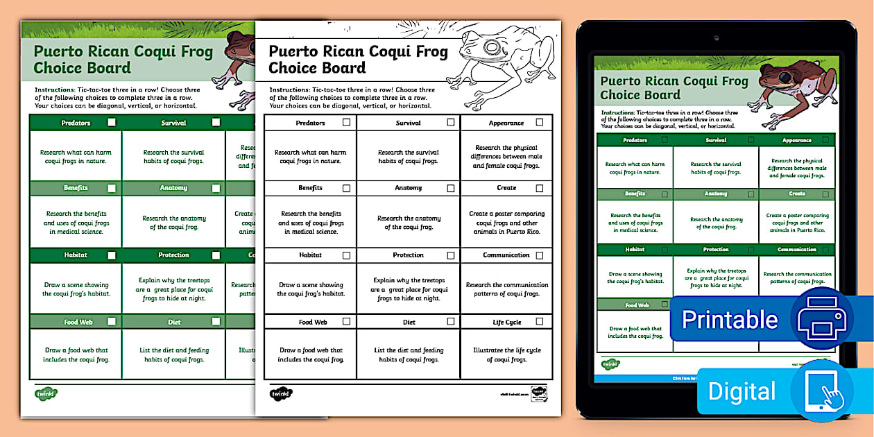 Puerto Rican Coqui Frog Choice Board | Resources | Twinkl US