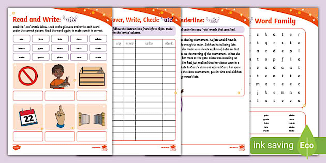 Word Family '-ate' Worksheets (teacher made) - Twinkl
