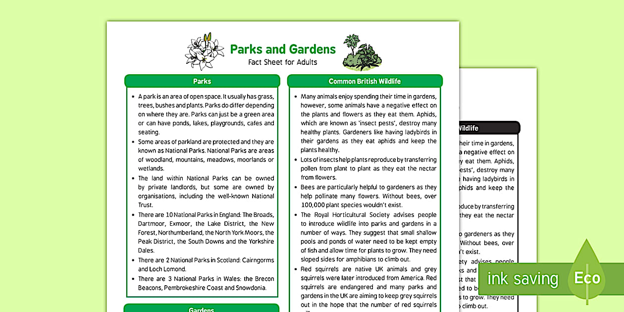 Parks and Gardens Fact Sheet for Adults (teacher made)