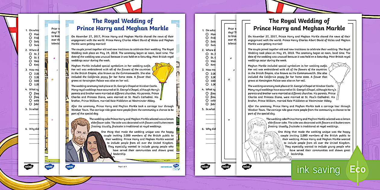 Fifth Grade The Royal Wedding: Prince Harry and Meghan Markle Reading