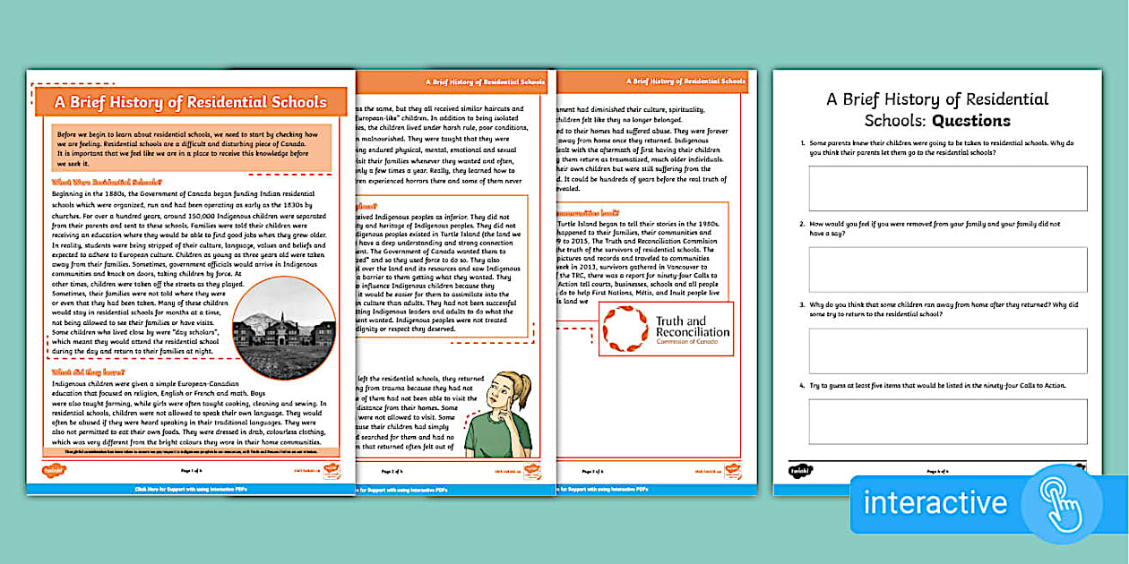 Residential Schools Reading Comprehension - Grades 4-6