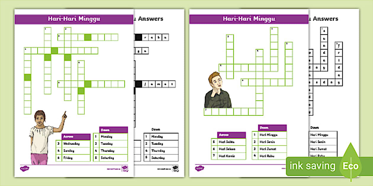 Days of the Week Crossword Indonesian (teacher made)